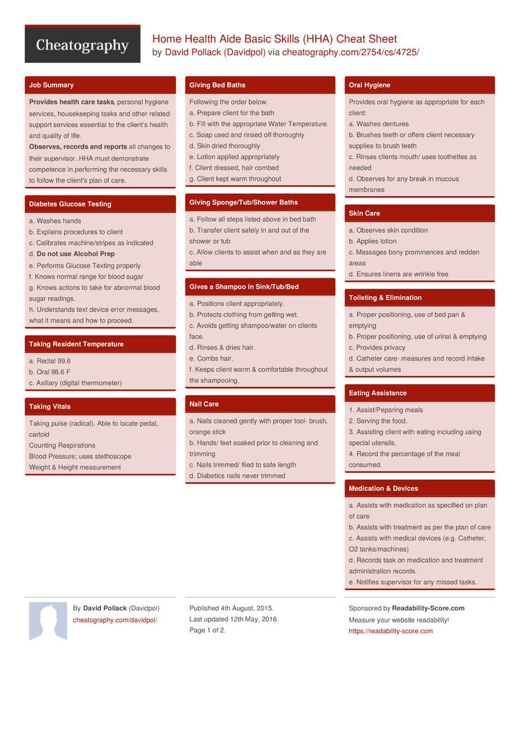 Home Health Aide Basic Skills (HHA) Cheat Sheet by Davidpol - Download ...