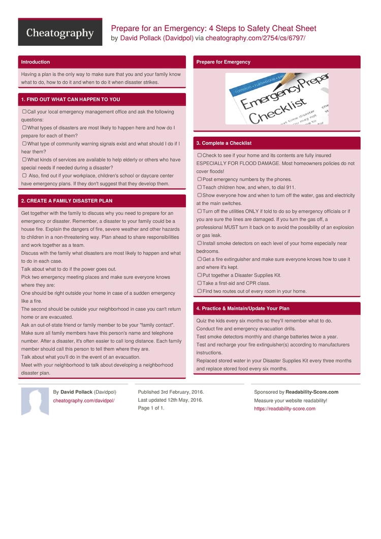 Prepare for an Emergency: 4 Steps to Safety Cheat Sheet by Davidpol ...