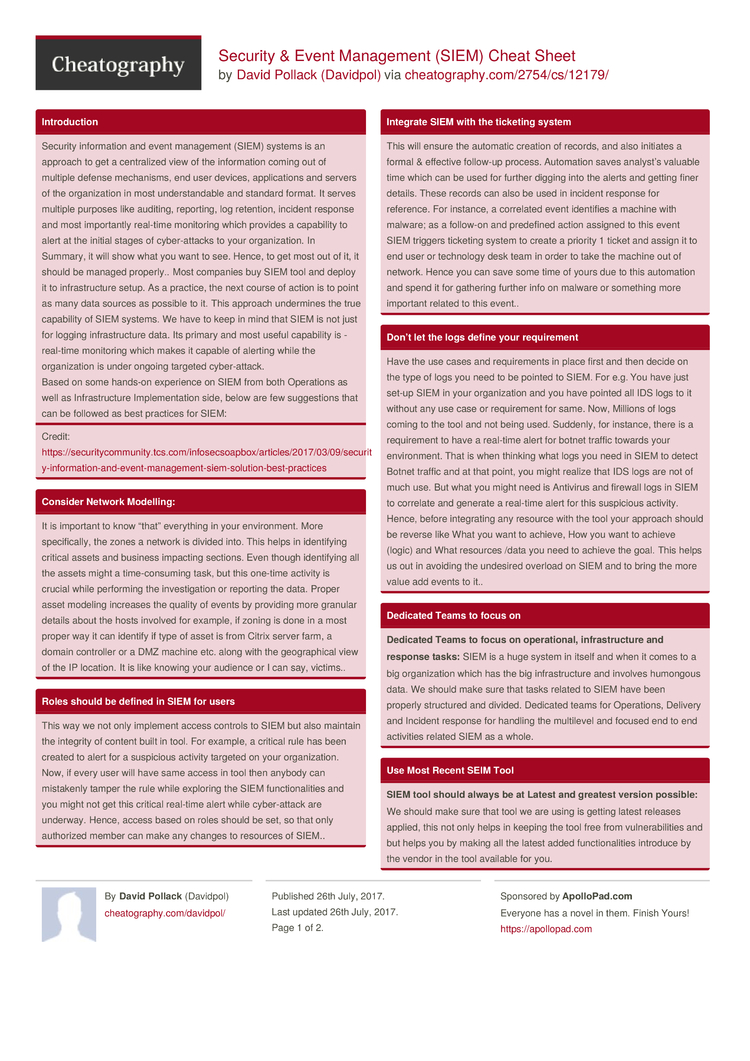 Security & Event Management (SIEM) Cheat Sheet by Davidpol - Download ...