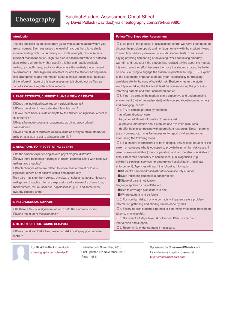 Suicidal Student Assessment Cheat Sheet by Davidpol - Download free ...