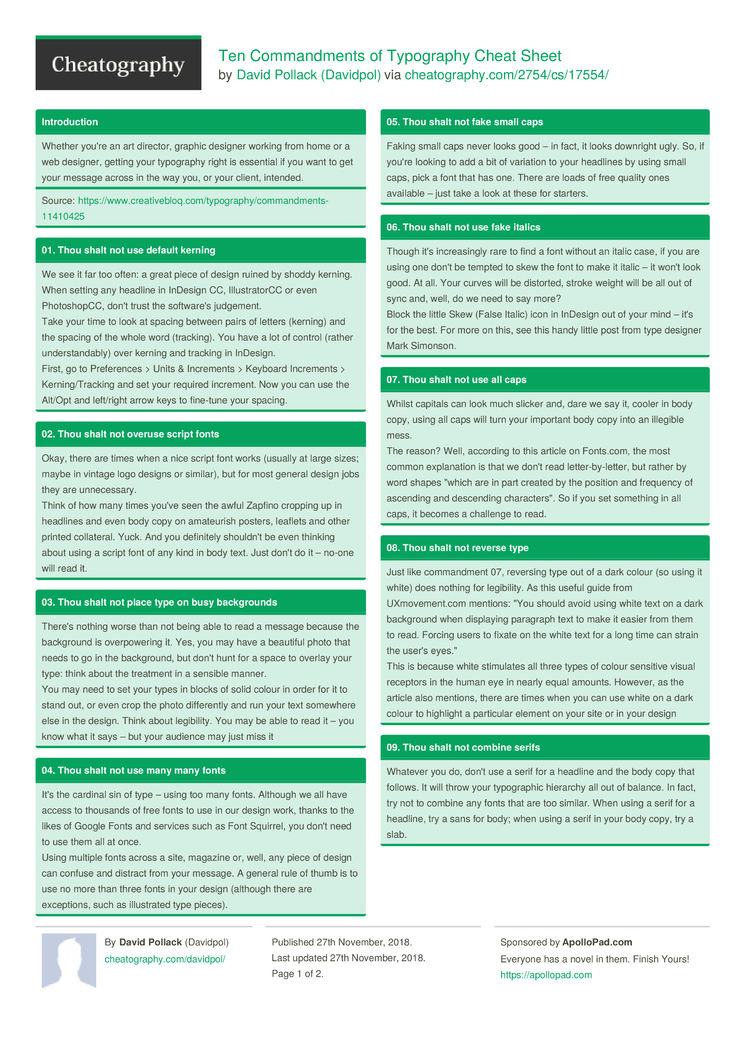 Ten Commandments of Typography Cheat Sheet by Davidpol - Download free ...