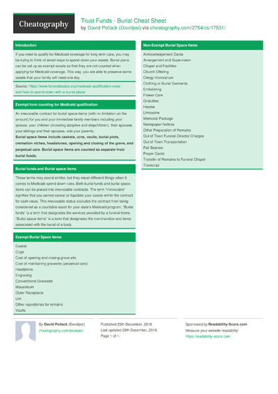 SNF: Pre-Paid Funeral Agreement Items Cheat Sheet by Davidpol ...