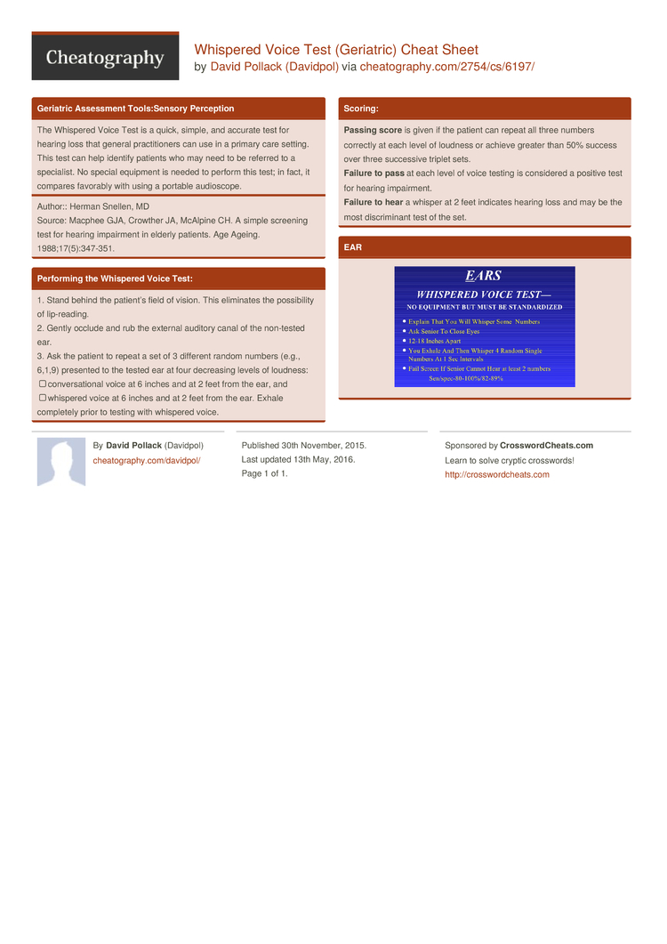 Whispered Voice Test (Geriatric) Cheat Sheet by Davidpol - Download ...