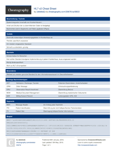 Hl7 Message Triggers Adt Cheat Sheet By Slohja Download Free From