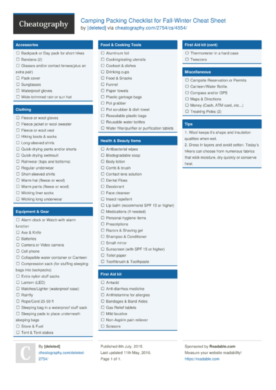 4 Camping Cheat Sheets - Cheatography.com: Cheat Sheets For Every Occasion