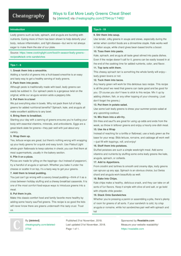 Ways to Eat More Leafy Greens Cheat Sheet by [deleted] - Download free ...