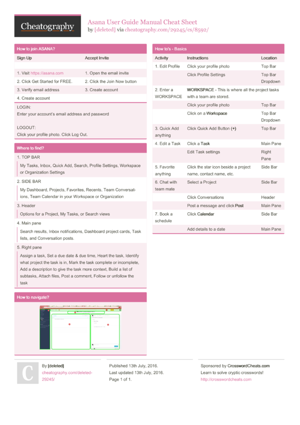 Asana User Guide Manual Cheat Sheet by [deleted] - Download free from ...