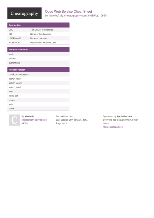 Odoo Web Service Cheat Sheet by [deleted] - Download free from ...