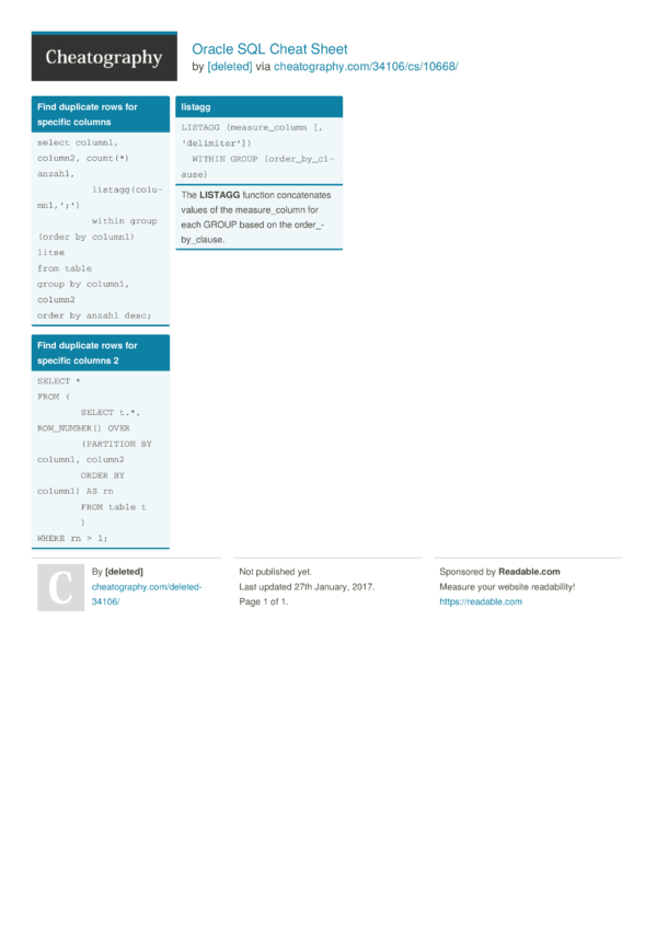 Oracle SQL Cheat Sheet by [deleted] - Download free from Cheatography - Cheatography.com: Cheat ...