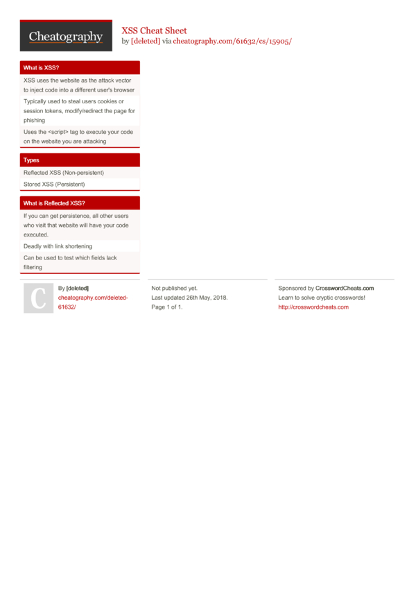 XSS Cheat Sheet by [deleted] - Download free from Cheatography ...