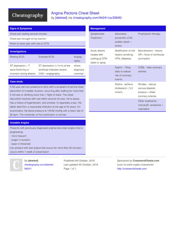 Angina Pectoris Cheat Sheet by [deleted] - Download free from ...