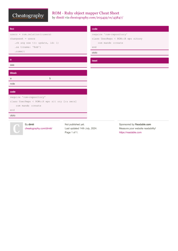 ROM - Ruby object mapper Cheat Sheet by dimiii - Download free from Cheatography - Cheatography ...