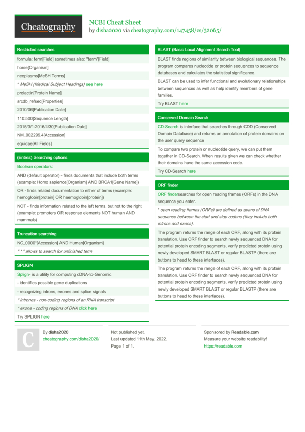 NCBI Cheat Sheet by disha2020 - Download free from Cheatography ...