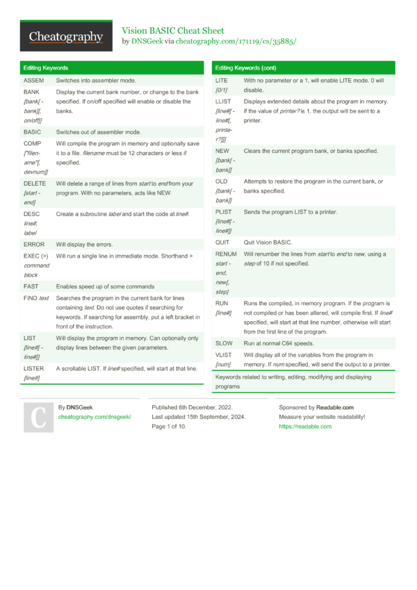 Vision BASIC Cheat Sheet by DNSGeek - Download free from Cheatography - Cheatography.com: Cheat ...