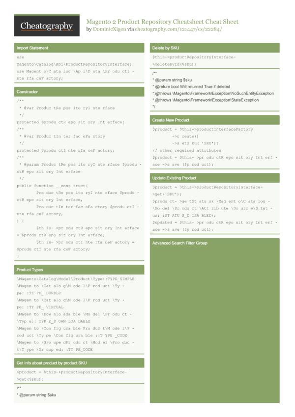 Magento 2 Product Repository Cheatsheet Cheat Sheet by DominicXigen ...