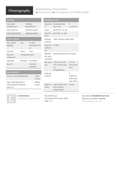 2 Beautifulsoup Cheat Sheets - Cheatography.com: Cheat Sheets For Every ...