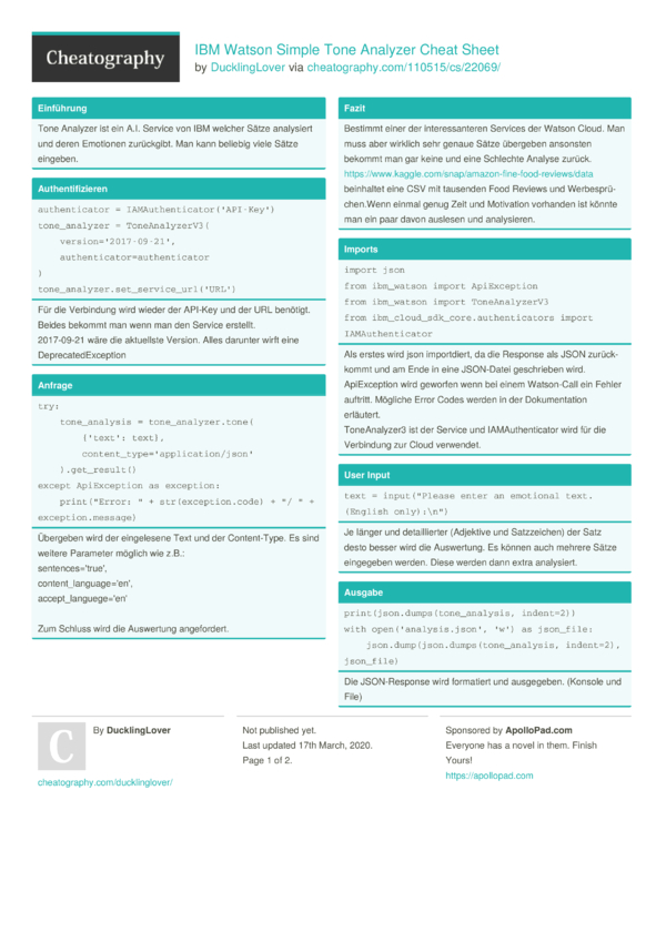 IBM Watson Simple Tone Analyzer Cheat Sheet by DucklingLover - Download ...