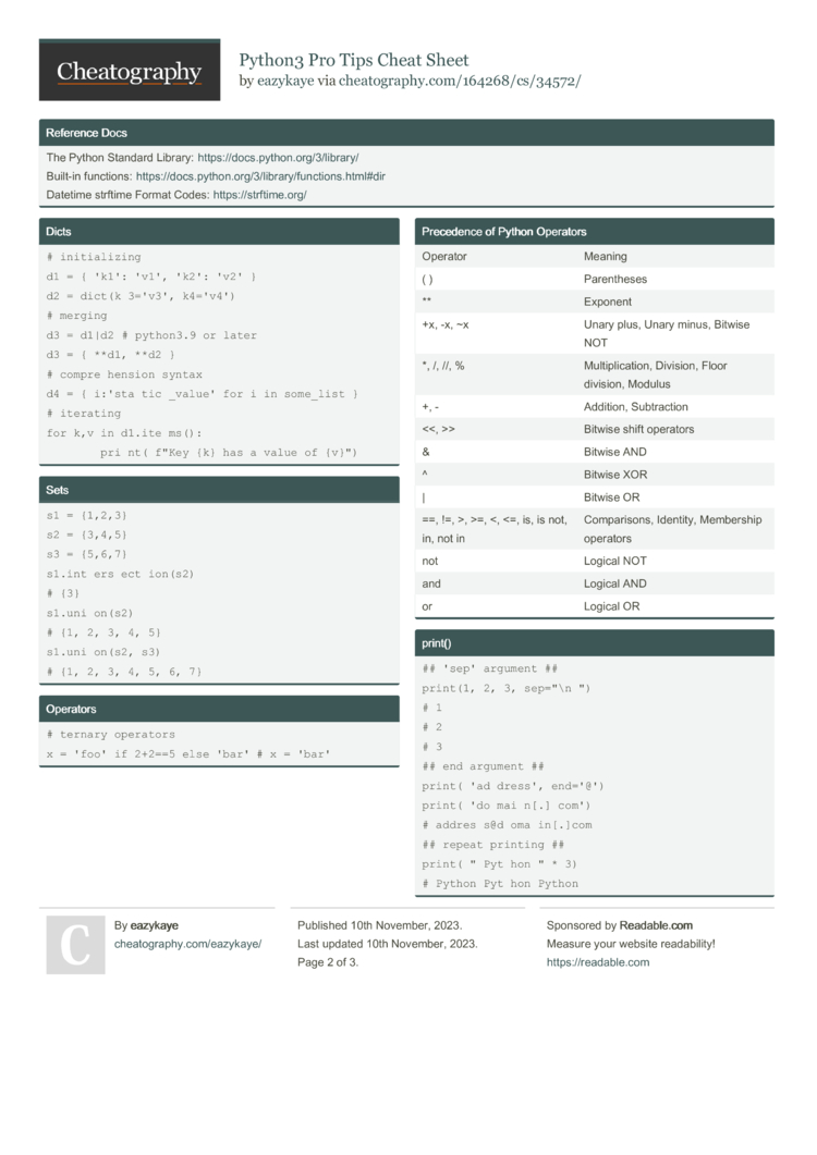 Python3 Pro Tips Cheat Sheet by eazykaye - Download free from ...