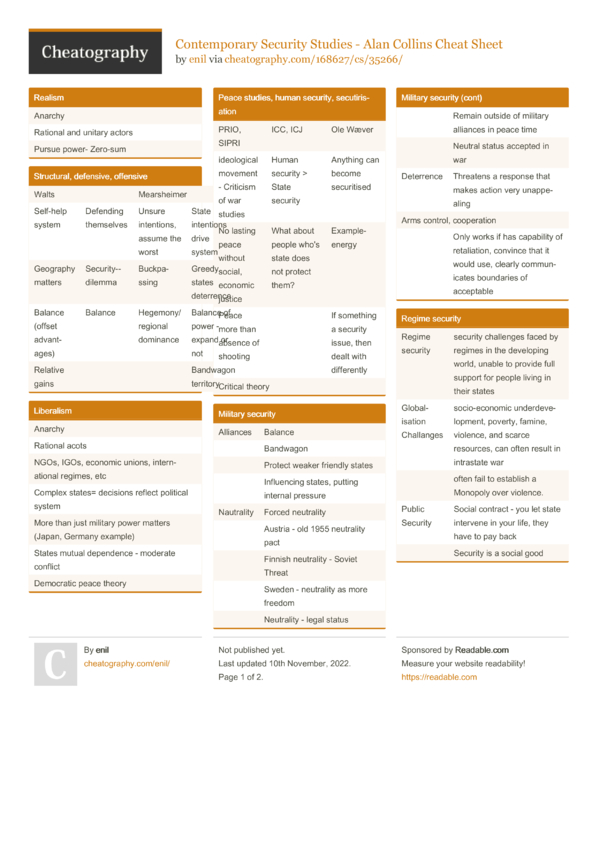Contemporary Security Studies - Alan Collins Cheat Sheet by enil ...