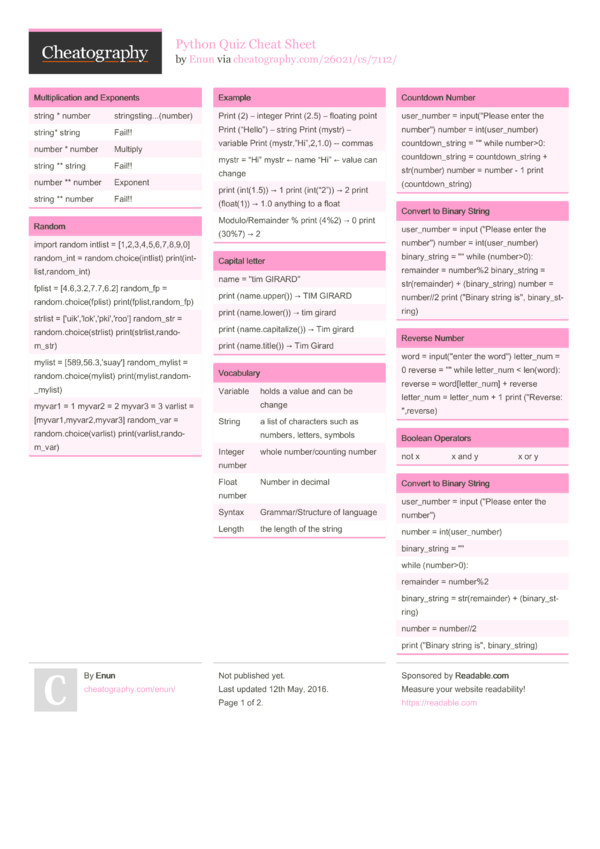 Python Quiz Cheat Sheet by Enun - Download free from Cheatography ...