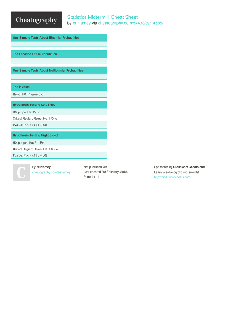 Statistics Midterm 1 Cheat Sheet By Erinlamey Download Free From Cheatography Cheatography