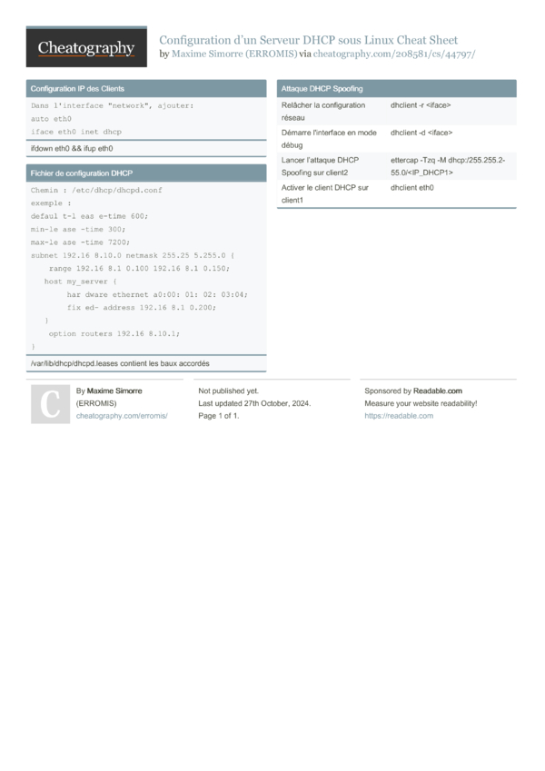 Configuration d’un Serveur DHCP sous Linux Cheat Sheet by ERROMIS ...
