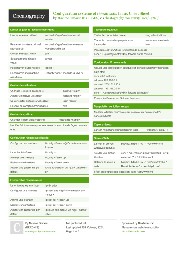 Configuration système et réseau sous Linux Cheat Sheet by ERROMIS - Download free from ...