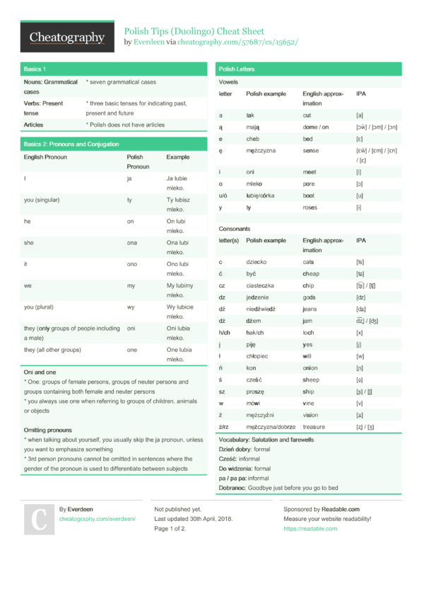 Polish Tips (Duolingo) Cheat Sheet by Everdeen - Download free from ... Polish Tips (Duolingo) Cheat Sheet by Everdeen - Download free from ...