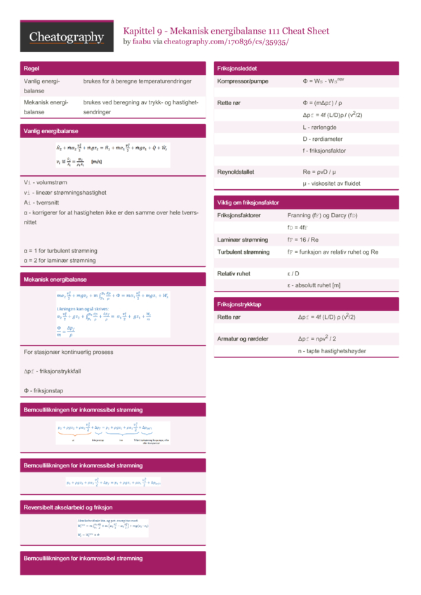 Kapittel 9 - Mekanisk energibalanse 111 Cheat Sheet by faabu - Download ...
