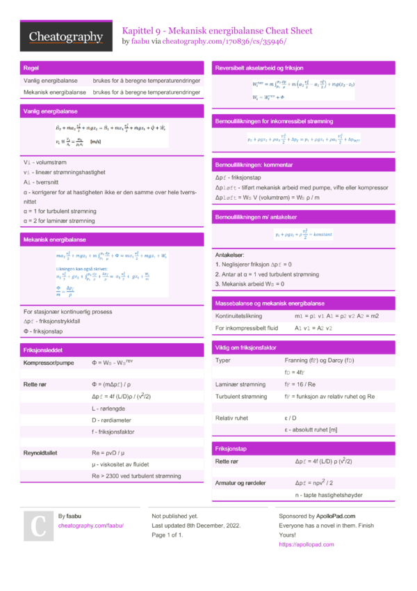 Kapittel 9 - Mekanisk energibalanse Cheat Sheet by faabu - Download ...