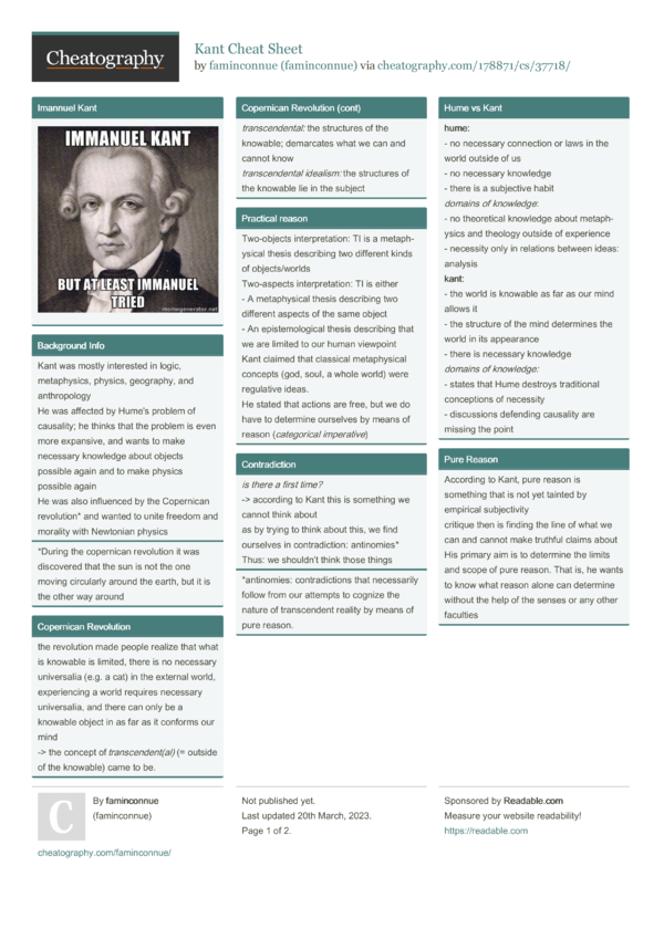 Kant Cheat Sheet by faminconnue - Download free from Cheatography ...