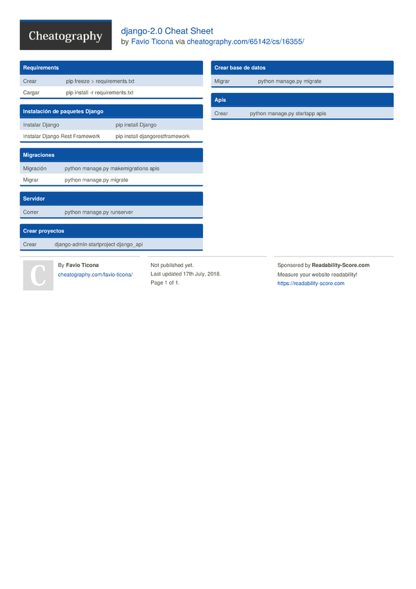 django-2.0 Cheat Sheet by Favio Ticona - Download free from ... django-2.0 Cheat Sheet by Favio Ticona - Download free from ...