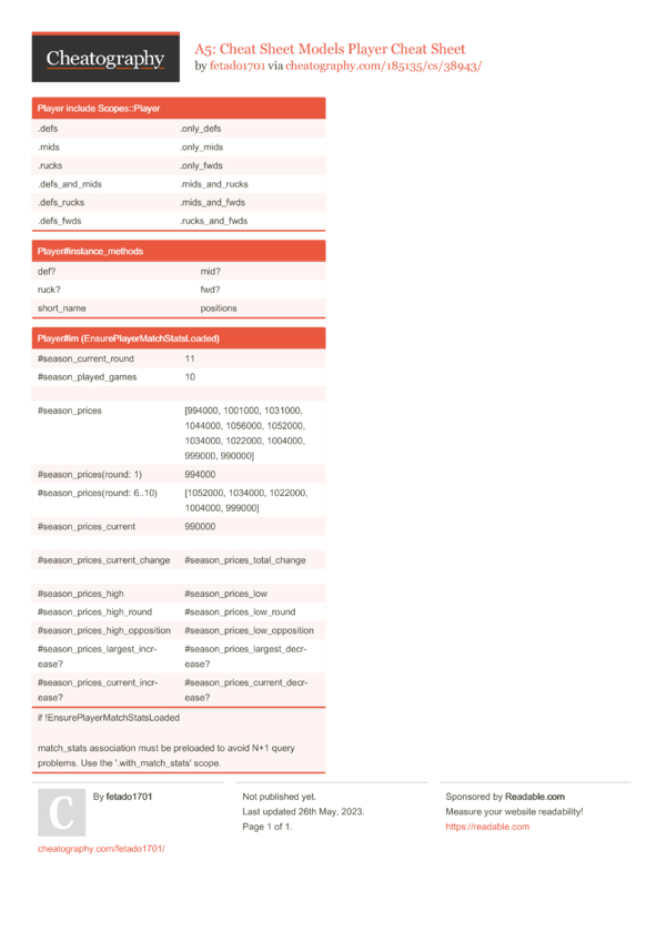 A5: Cheat Sheet Models Player Cheat Sheet by fetado1701 - Download free ...