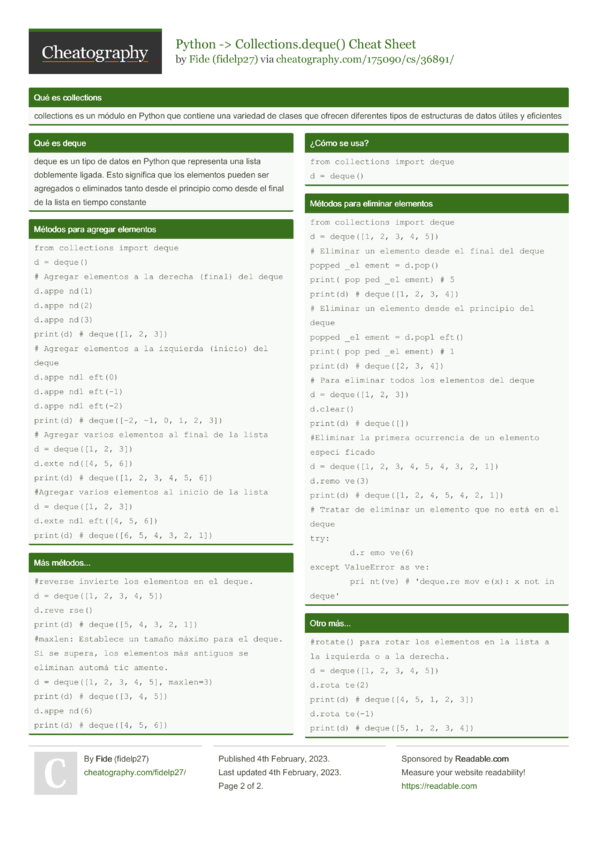 Python -> Collections.deque() Cheat Sheet by fidelp27 - Download free ... Python -> Collections.deque() Cheat Sheet by fidelp27 - Download free ...