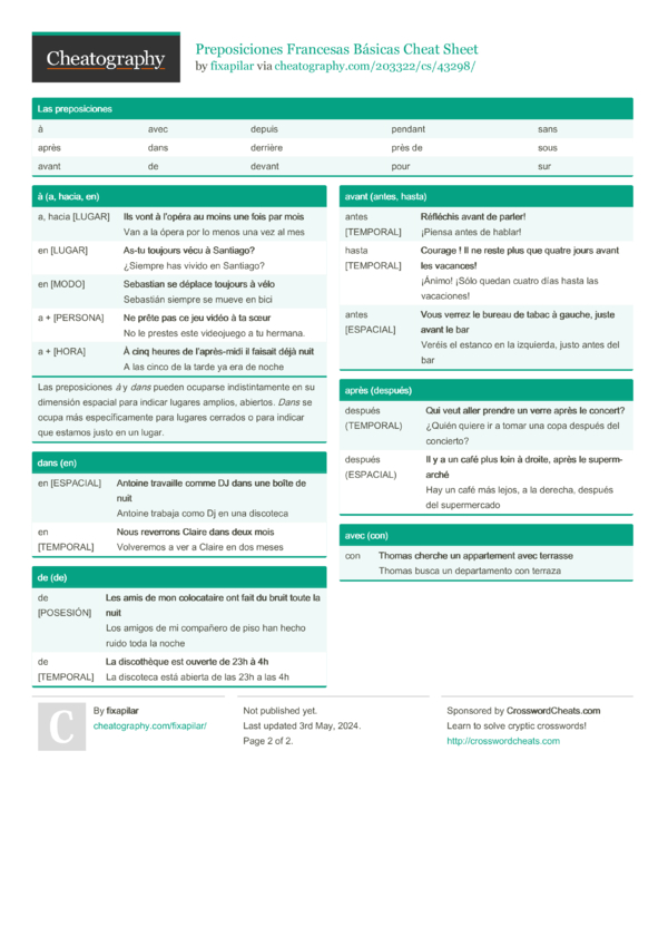 Preposiciones Francesas Básicas Cheat Sheet by fixapilar - Download ...