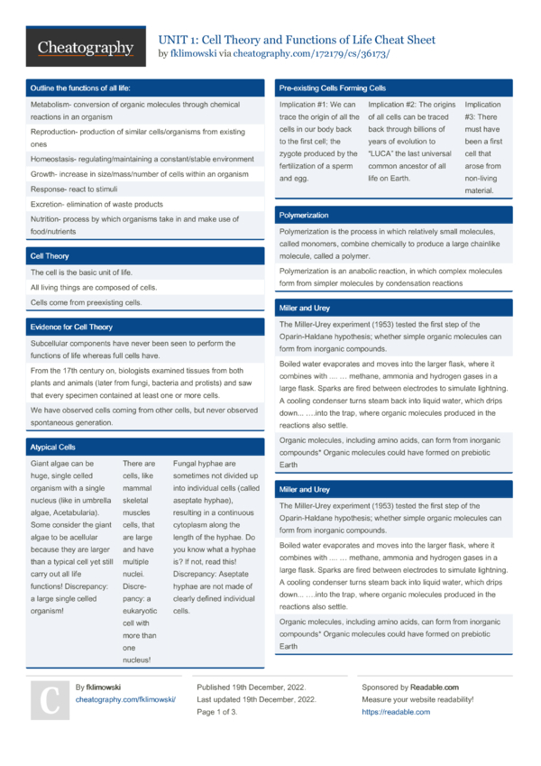 UNIT 1: Cell Theory and Functions of Life Cheat Sheet by fklimowski - Download free from ...