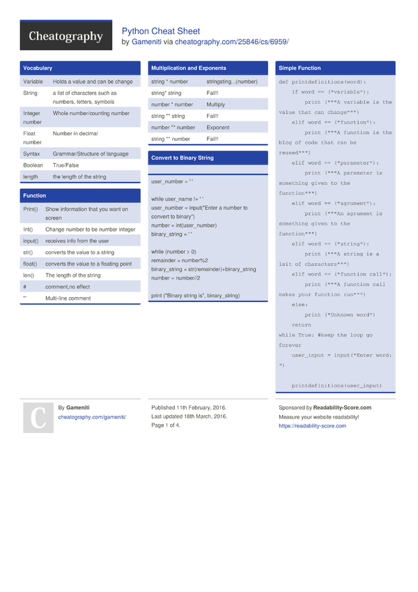 Python Cheat Sheet by Gameniti - Download free from Cheatography ...