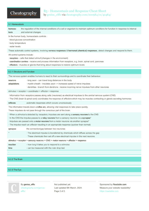 B5 - Homeostasis and Response Cheat Sheet by genius_elffo - Download ...