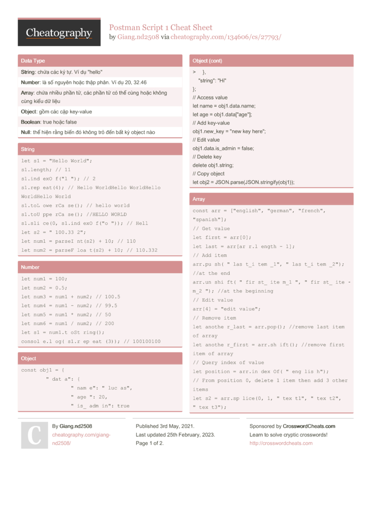 Postman Script 1 Cheat Sheet by Giang.nd2508 - Download free from ...