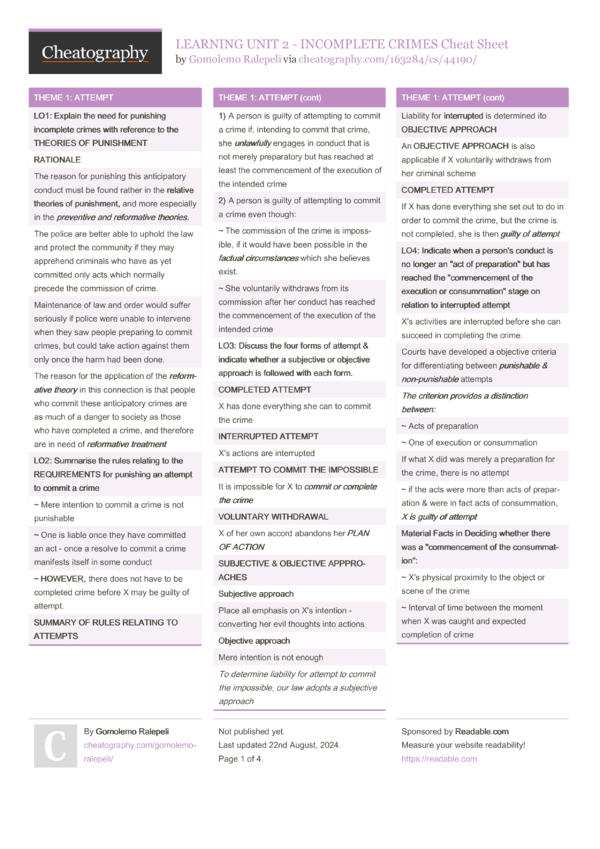 LEARNING UNIT 2 - INCOMPLETE CRIMES Cheat Sheet by Gomolemo Ralepeli ...