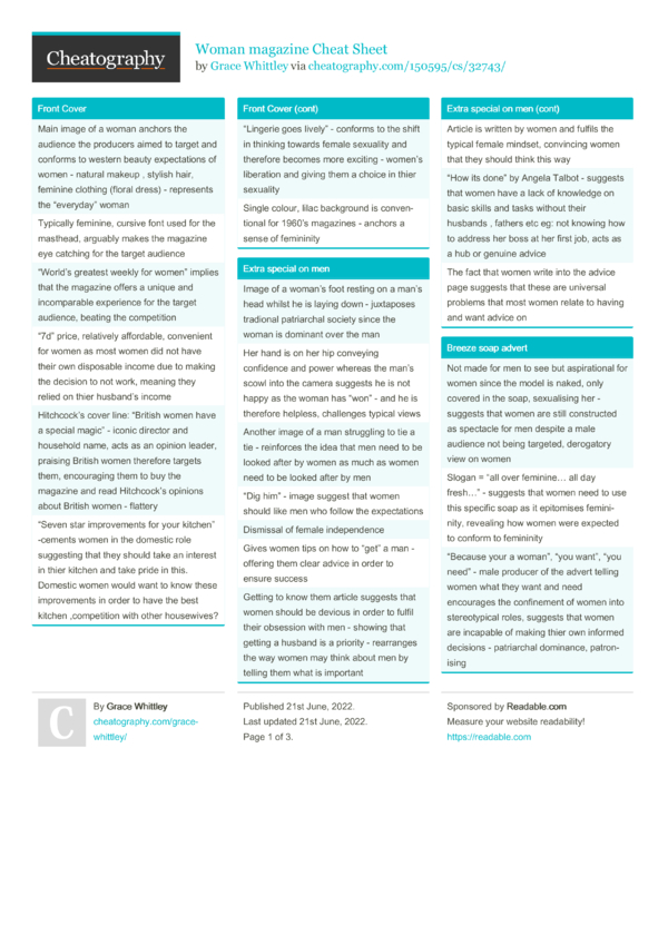 Woman magazine Cheat Sheet by Grace Whittley - Download free from ...