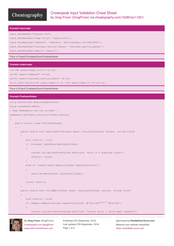 Crownpeak Input Validation Cheat Sheet By Gregfinzer Download Free From Cheatography