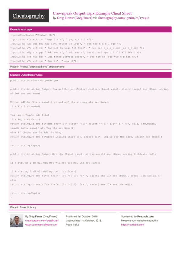 Crownpeak Output.aspx Example Cheat Sheet by GregFinzer - Download free ...