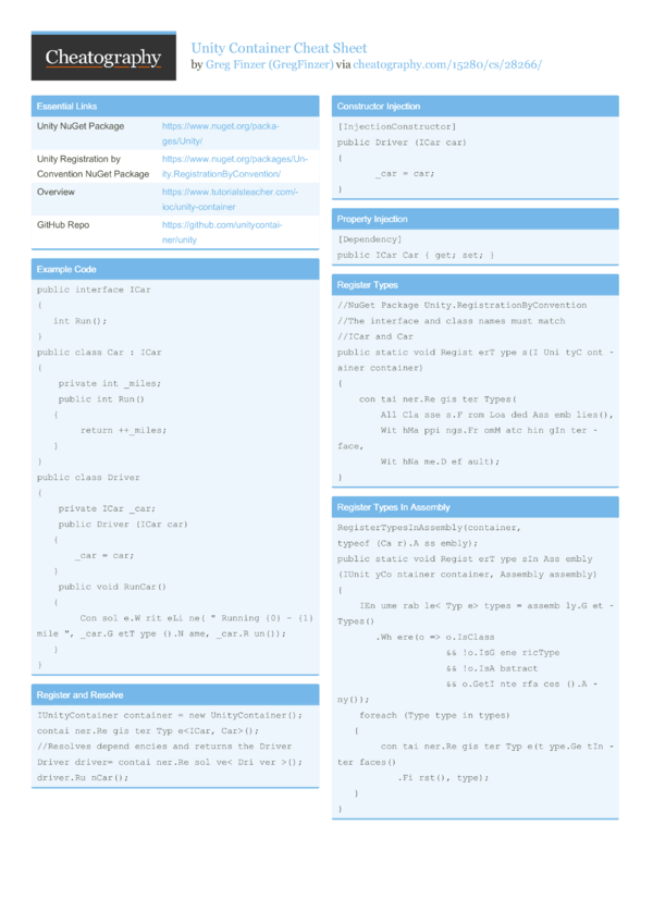 Unity Container Cheat Sheet by GregFinzer - Download free from Cheatography - Cheatography.com ...