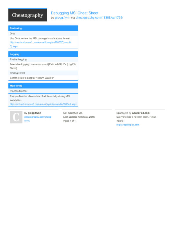 Debugging MSI Cheat Sheet by gregg.flynn - Download free from ...
