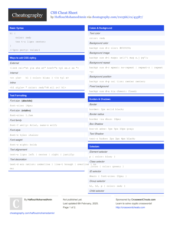 CSS Cheat Sheet by HaffouzMohamedAmin - Download free from Cheatography - Cheatography.com ...