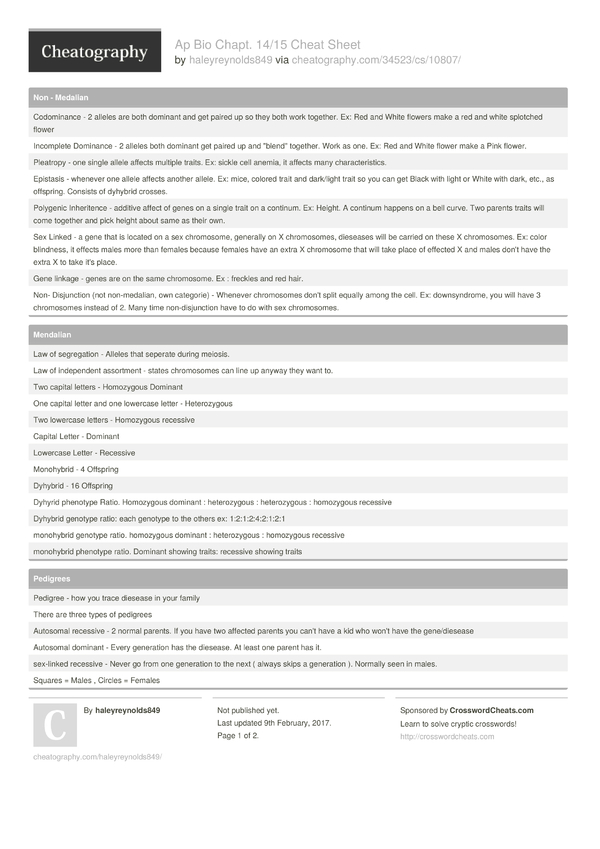 Ap Bio Chapt. 14/15 Cheat Sheet by haleyreynolds849 - Download free ...