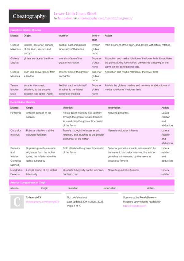 Lower Limb Cheat Sheet by hannah93 - Download free from Cheatography ...