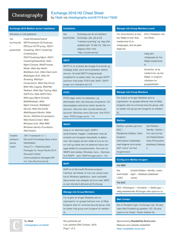 Exchange 2016 H2 Cheat Sheet by Hbak - Download free from Cheatography ...