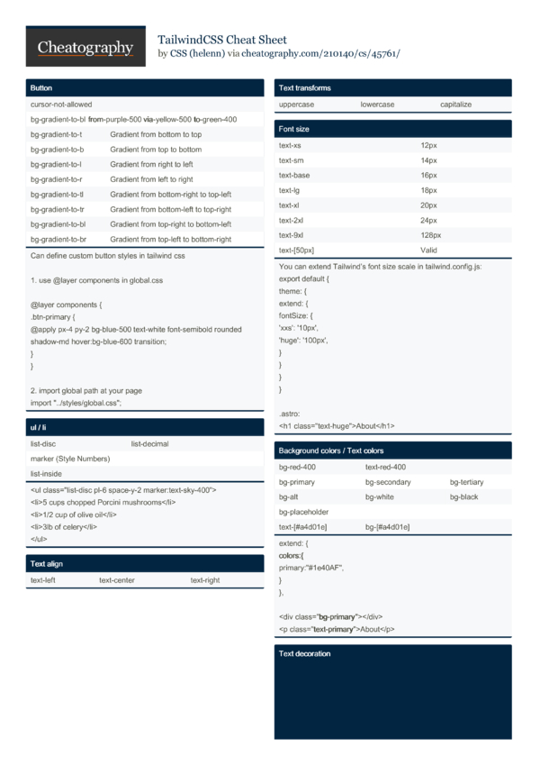 TailwindCSS Cheat Sheet by helenn - Download free from Cheatography ...